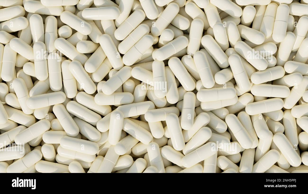 Pile of pills background, pill capsules in white color. Supplement or ...