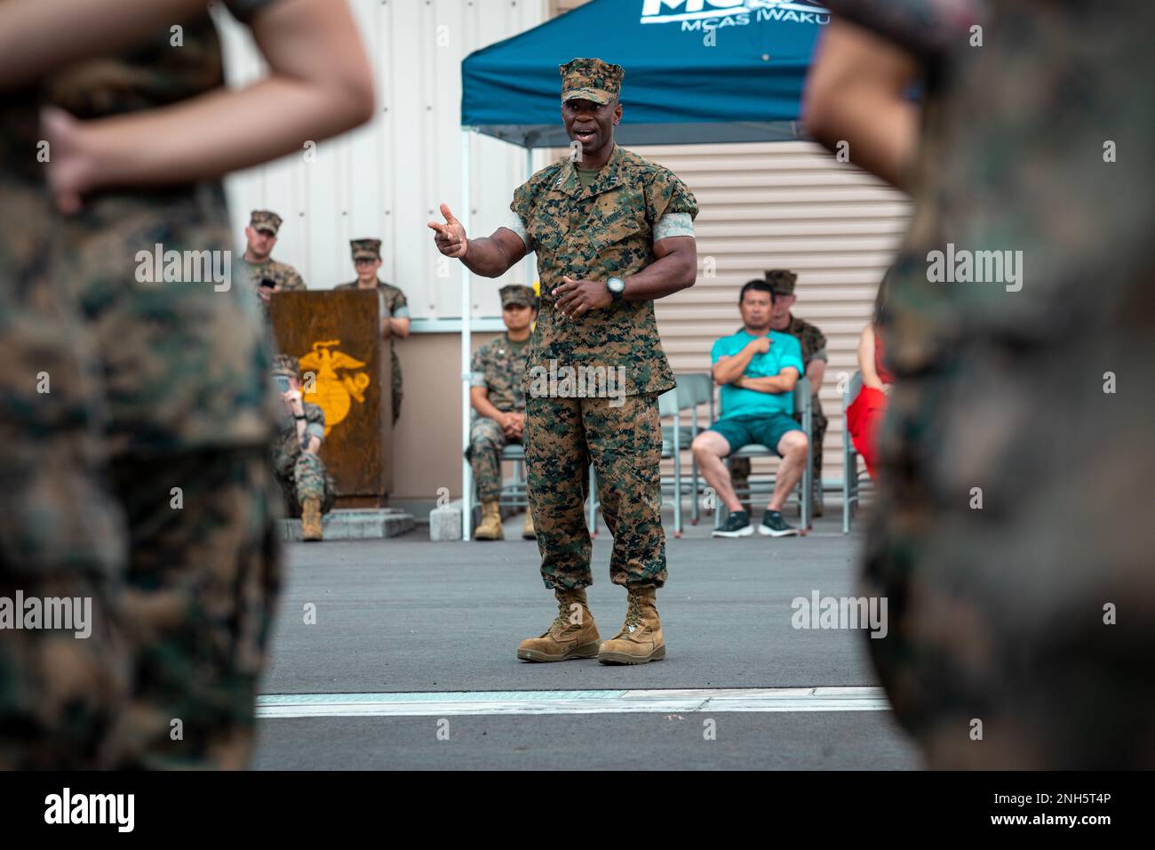 U.S. Marine Corps Capt. Alusine Kamara, speaks to the Marines of Combat ...