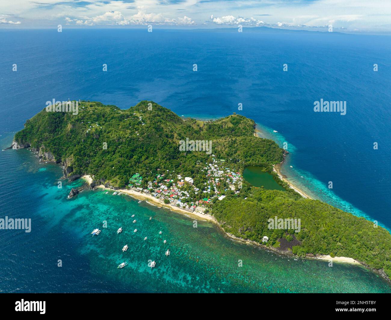 Aerial view of tropical island with a beach. Apo Island. Popular dive ...