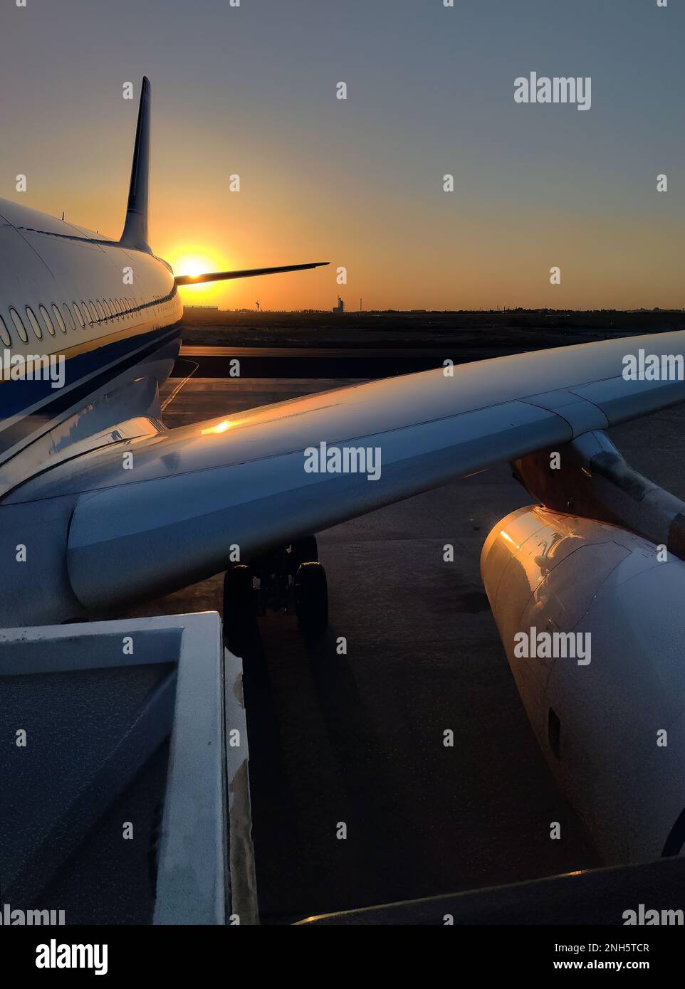Vertical image, Silhouette of a passenger airplane landing on the ...