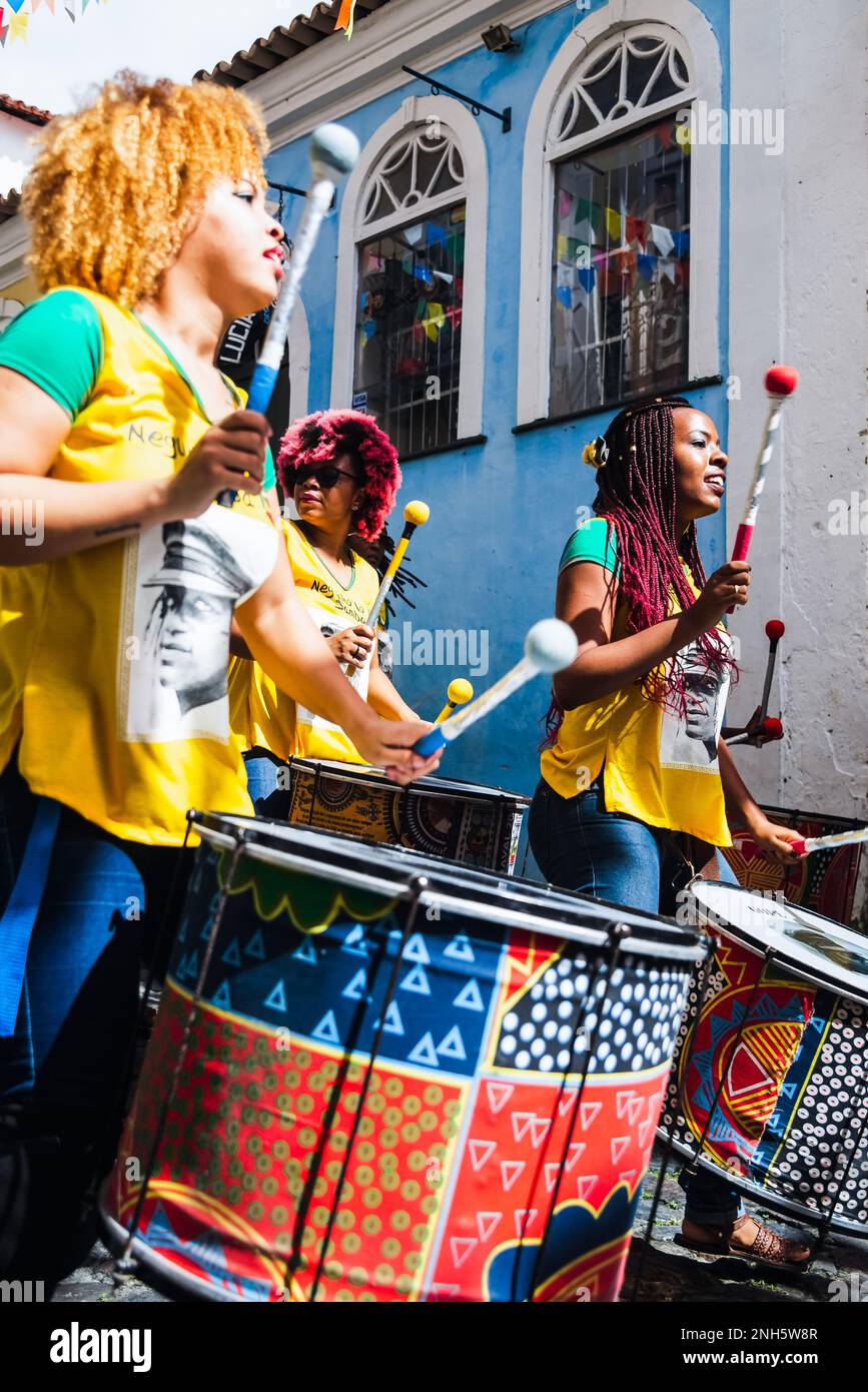 Salvador, Bahia, Brazil - June 22, 2018: Percussionists from the band ...