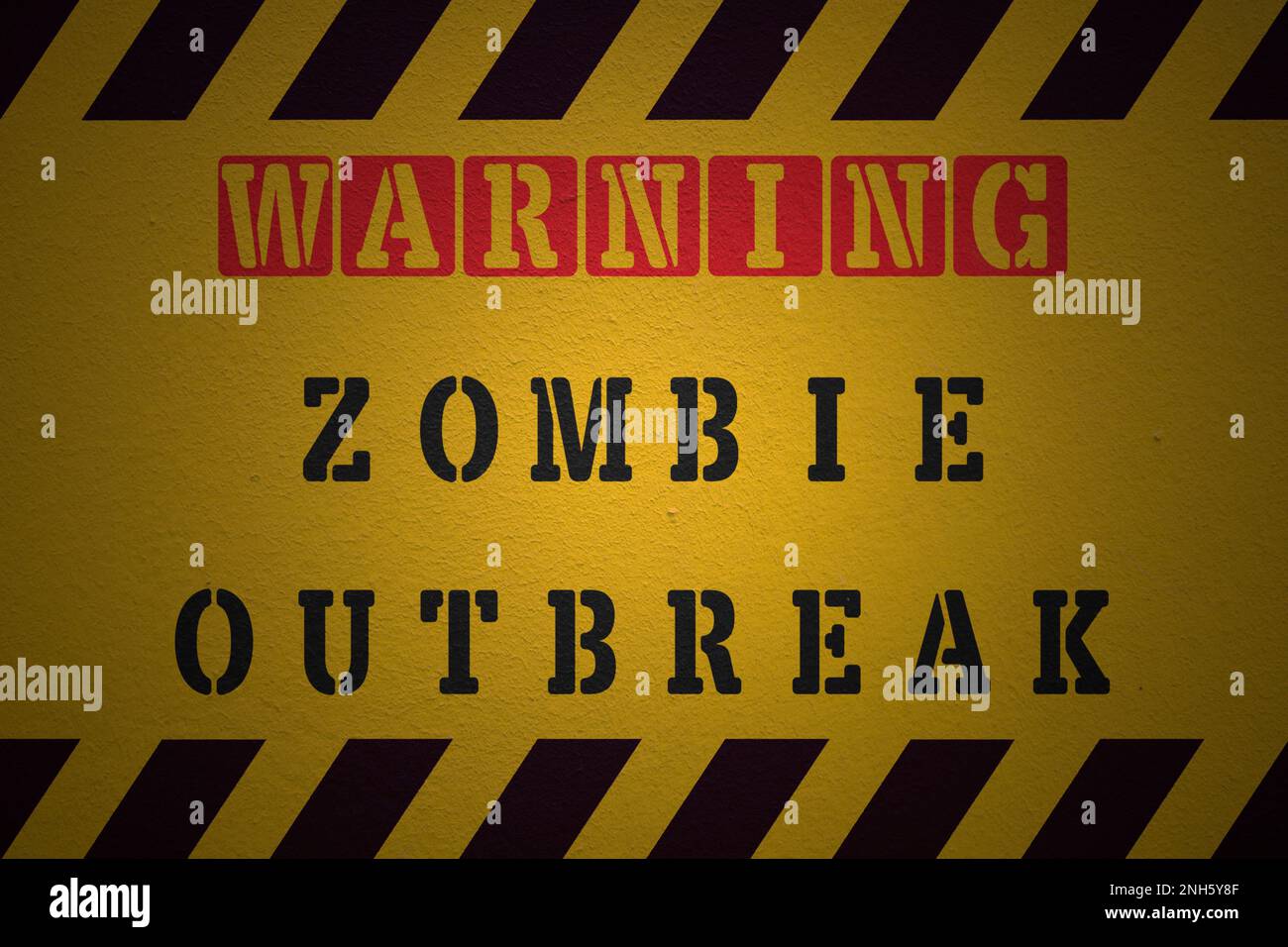 Black striped yellow background with a Warning zombie outbreak sign and a light effect to ...