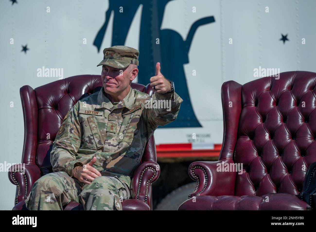 Maj. Gen. Michael Lutton, 20th Air Force commander, gives a thumbs up ...