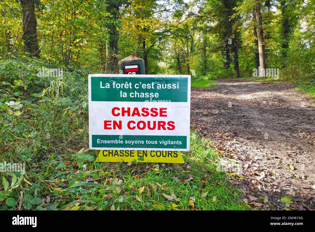Close up on a French hunting day sign warning that Hunting in progress ...