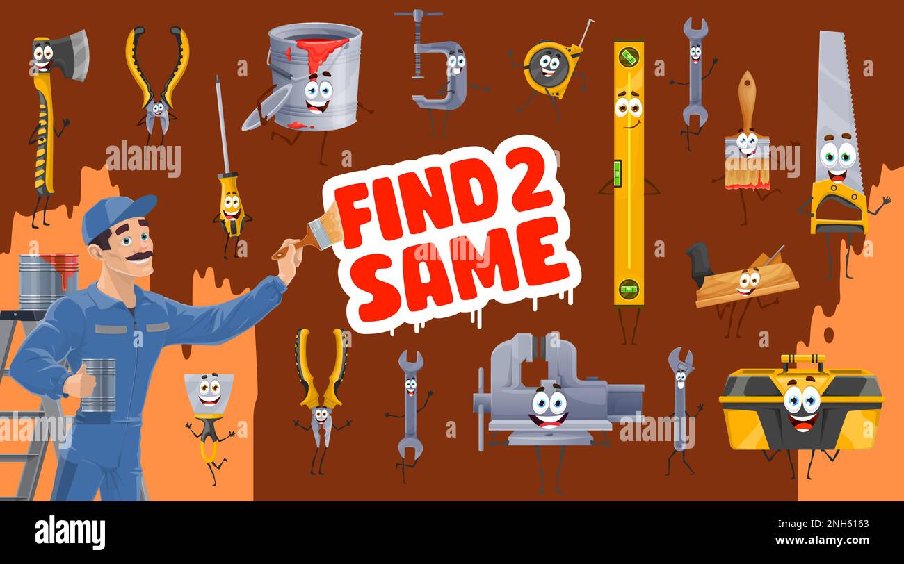 Kids game worksheet. Find two same tool characters. Details search ...