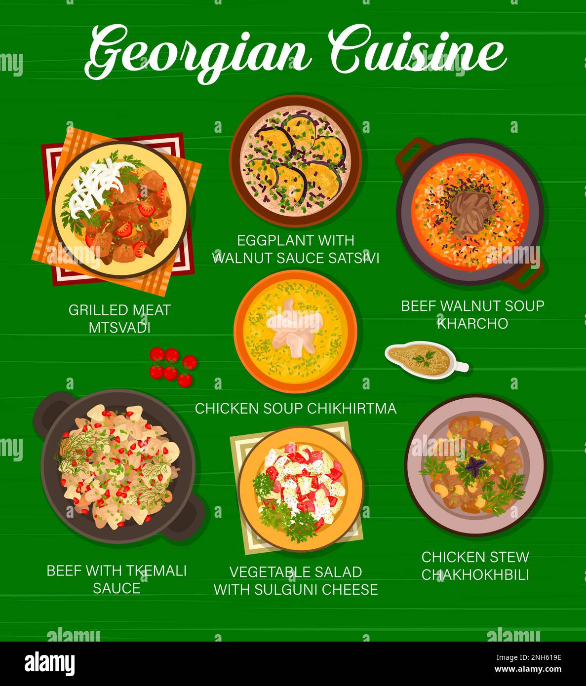 Georgian cuisine menu page design. Eggplant with sauce satsivi, stew ...