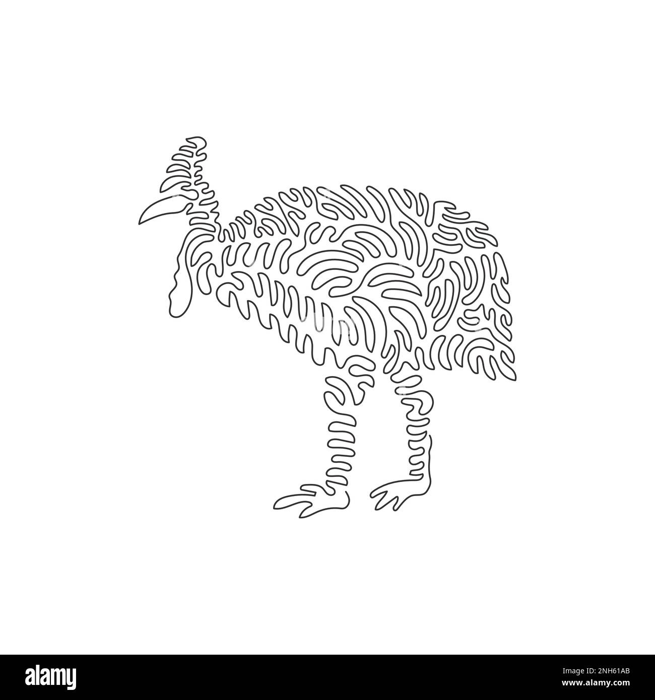 Single curly one line drawing of a cute standing cassowary. Continuous ...