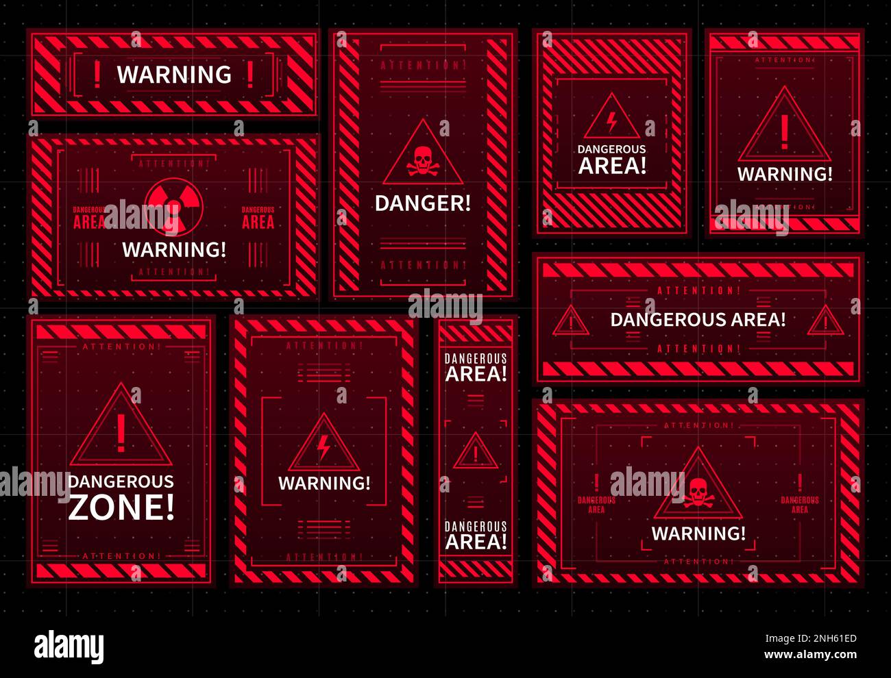 Danger and warning red interface frames. Contamination accident caution, electricity strike ...