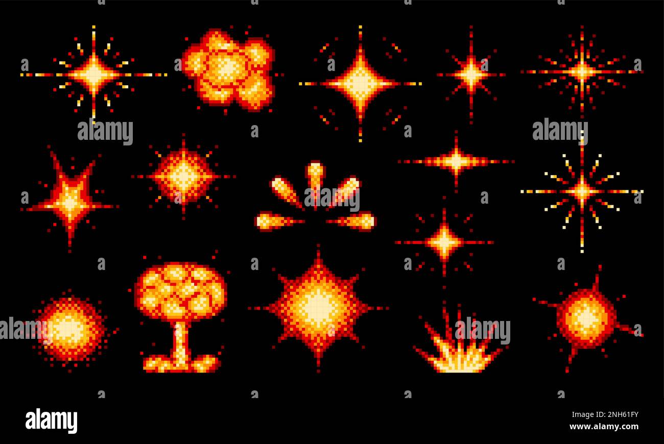 Pixel explosion. Retro videogame weapon shot flame burst, 8 bit game ...