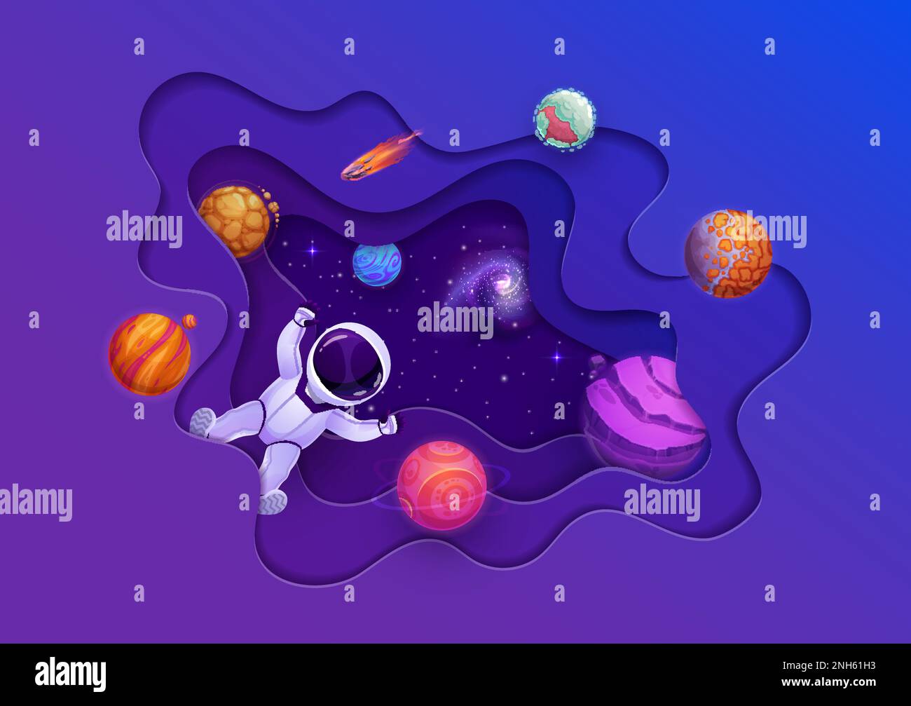 Cartoon space paper cut with astronaut, starry galaxy and planets ...