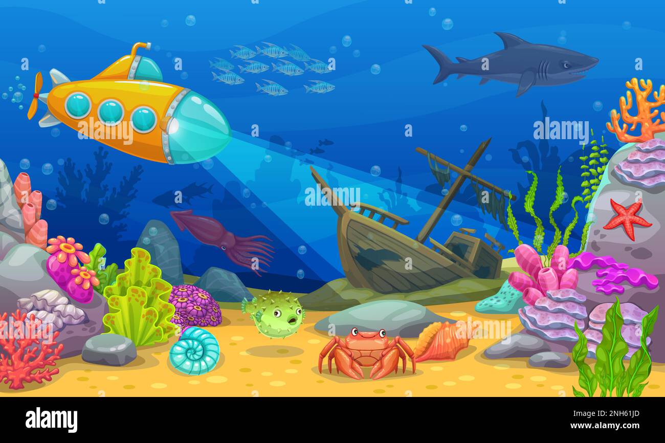 Underwater landscape. Yellow submarine or bathyscaphe on sea bottom ...