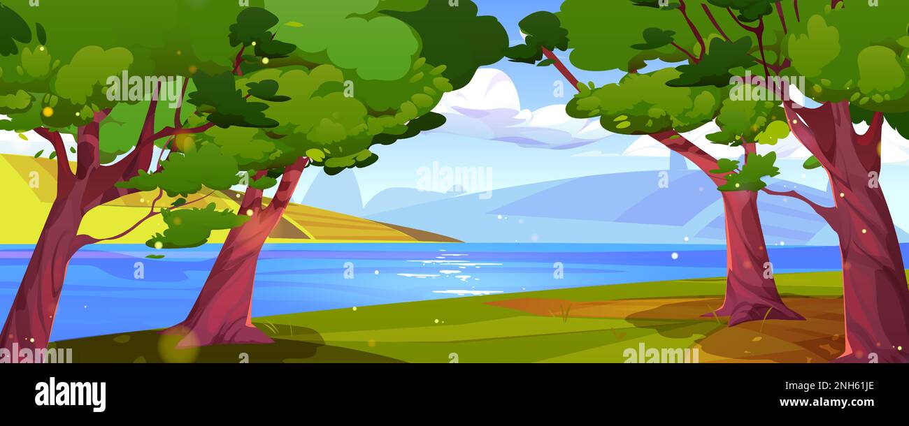 Rural landscape with lake, fields, trees and clouds in sky. Summer ...