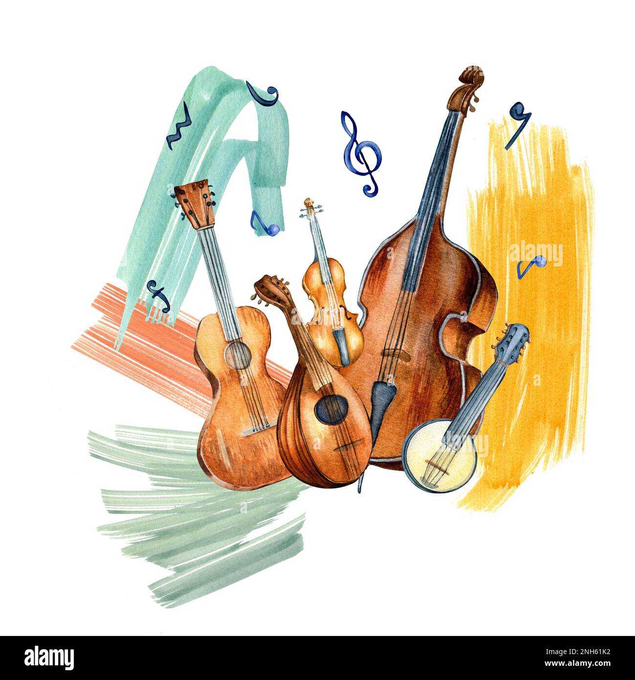 Guitar, violin, contrabass and paint stroke watercolor illustration ...