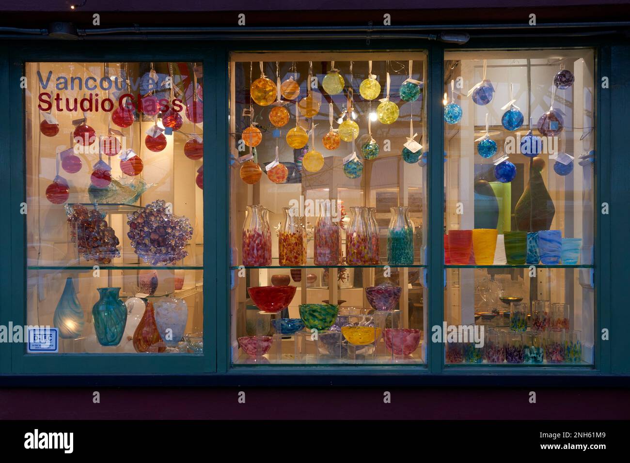 Closeup of colorful blown glass in the window of Vancouver Studio Glass ...