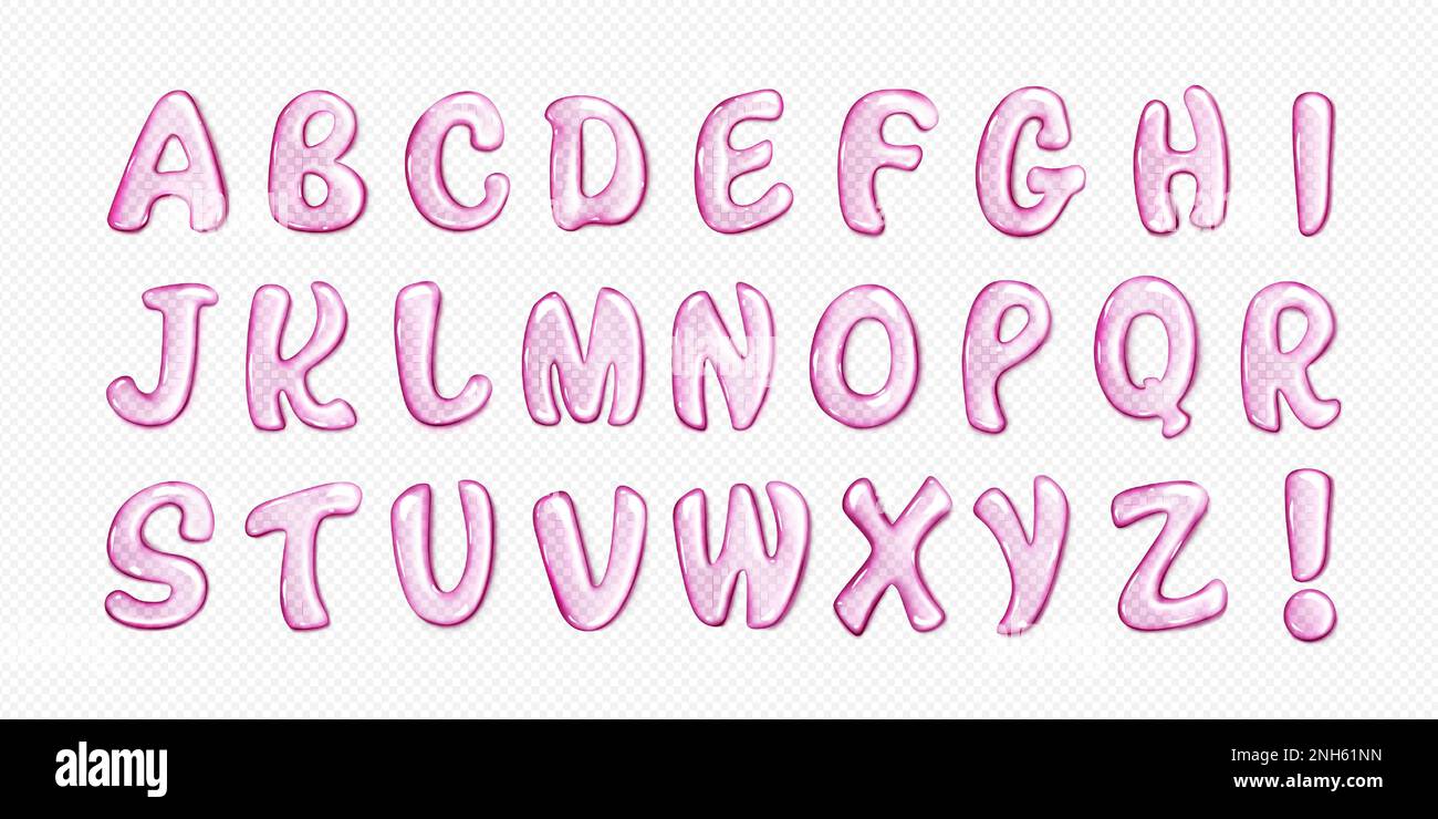 Pink water alphabet. Type font with letters of liquid gel, juice, wine ...