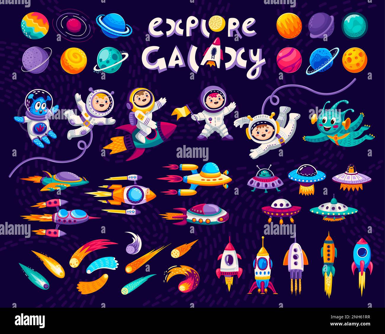 Cartoon kids space and galaxy. Astronauts, planets and rockets ...