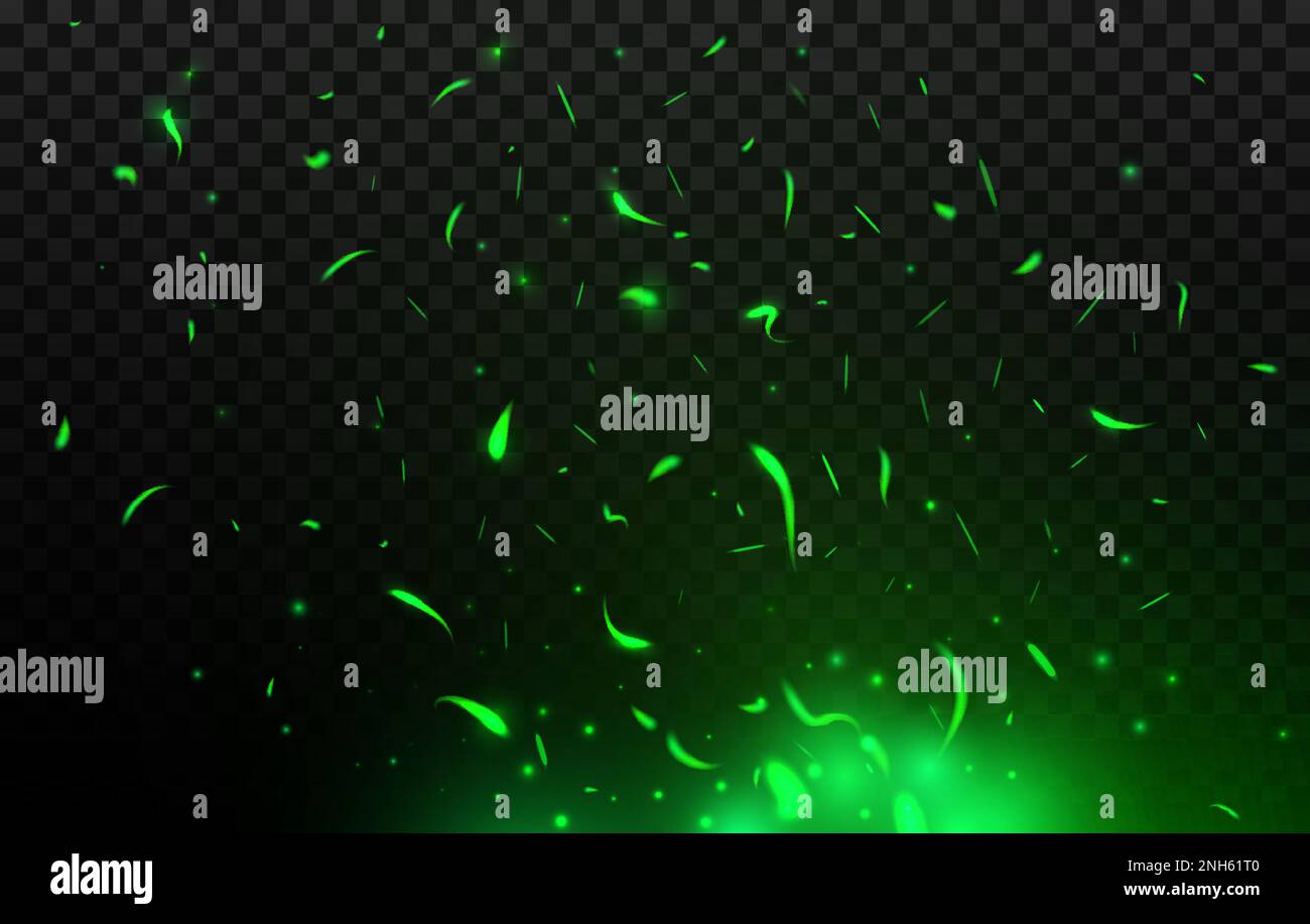 Green fire sparks. Magic flame flying ash or ember vector transparent ...