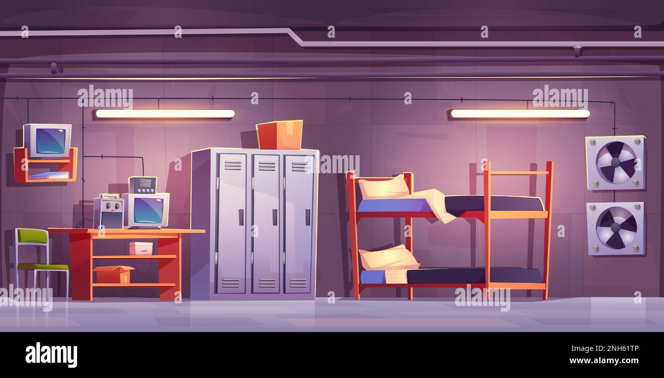 Secret underground safety shelter room interior cartoon game background ...