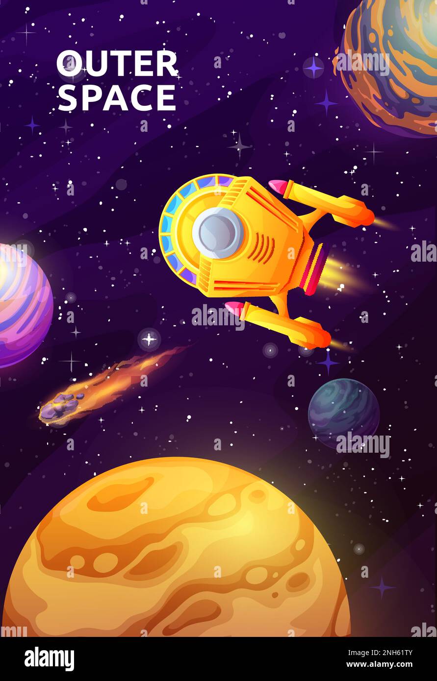 Starship in starry galaxy, space landscape. Vector futuristic poster ...