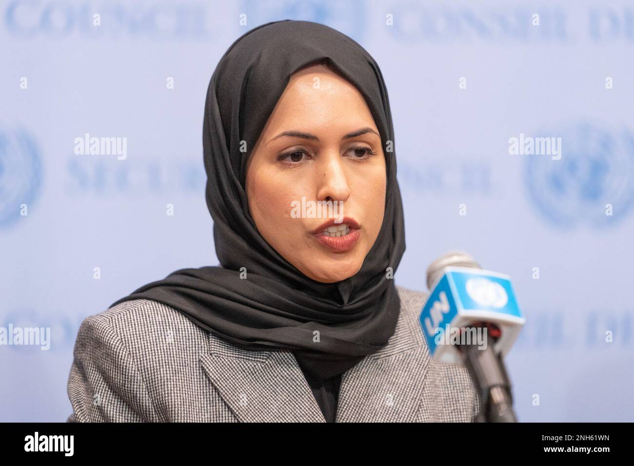 Sheikha Alya Ahmed bin Saif Al-Thani, Ambassador of Qatar speaks to media as she joined Riyad ...
