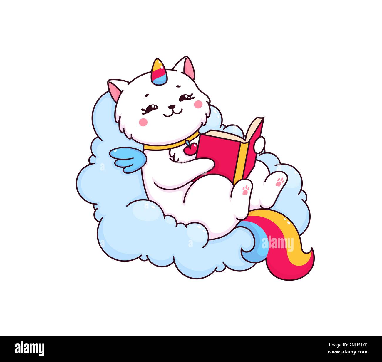 Cartoon cute caticorn character reading a book. Vector fantasy unicorn ...