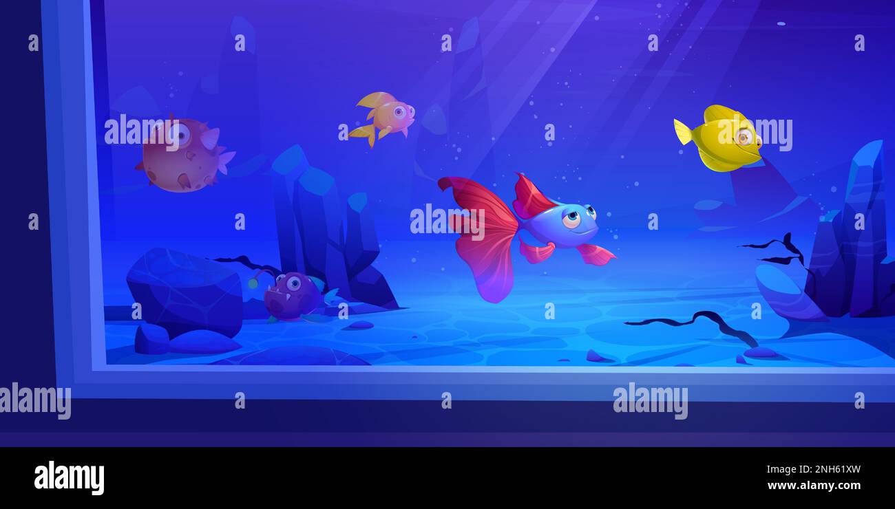 Underwater marine illustration with fish in aquarium cartoon game ...