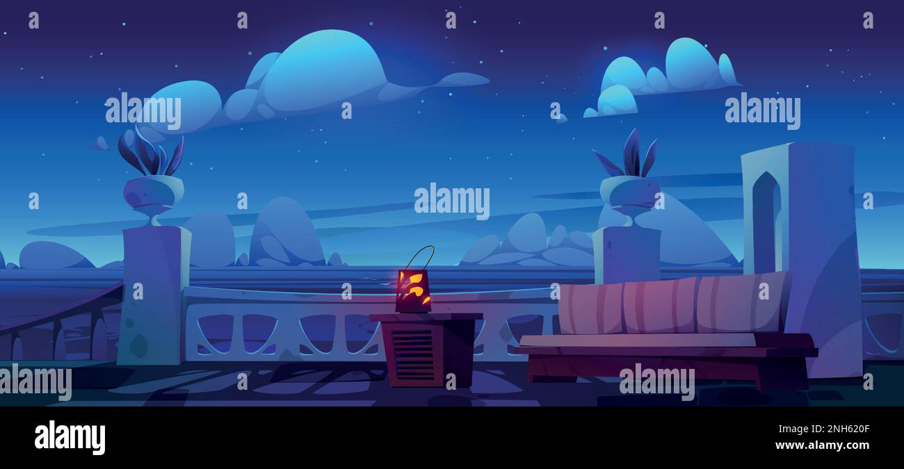 Sofa on terrace near sea night view cartoon background illustration ...