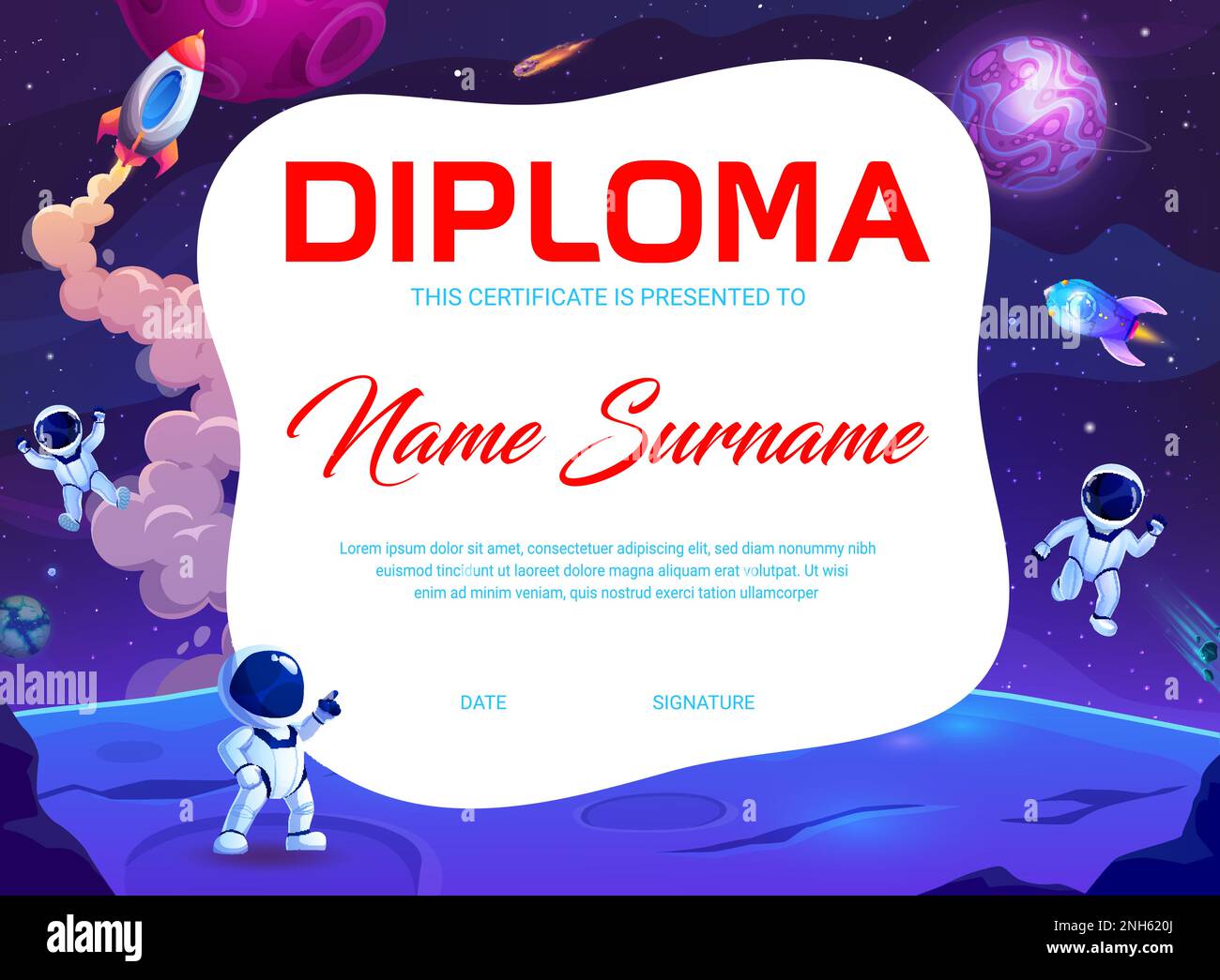 Kids diploma cartoon astronauts on moon surface, space landscape ...