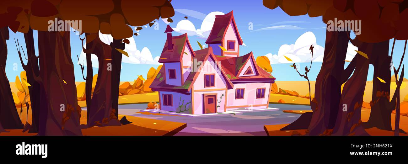 Autumn landscape with forest and village house. Nature scene with ...