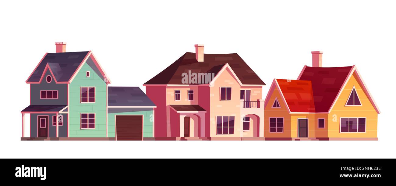 Cartoon set of houses with garages isolated on white background. Vector ...