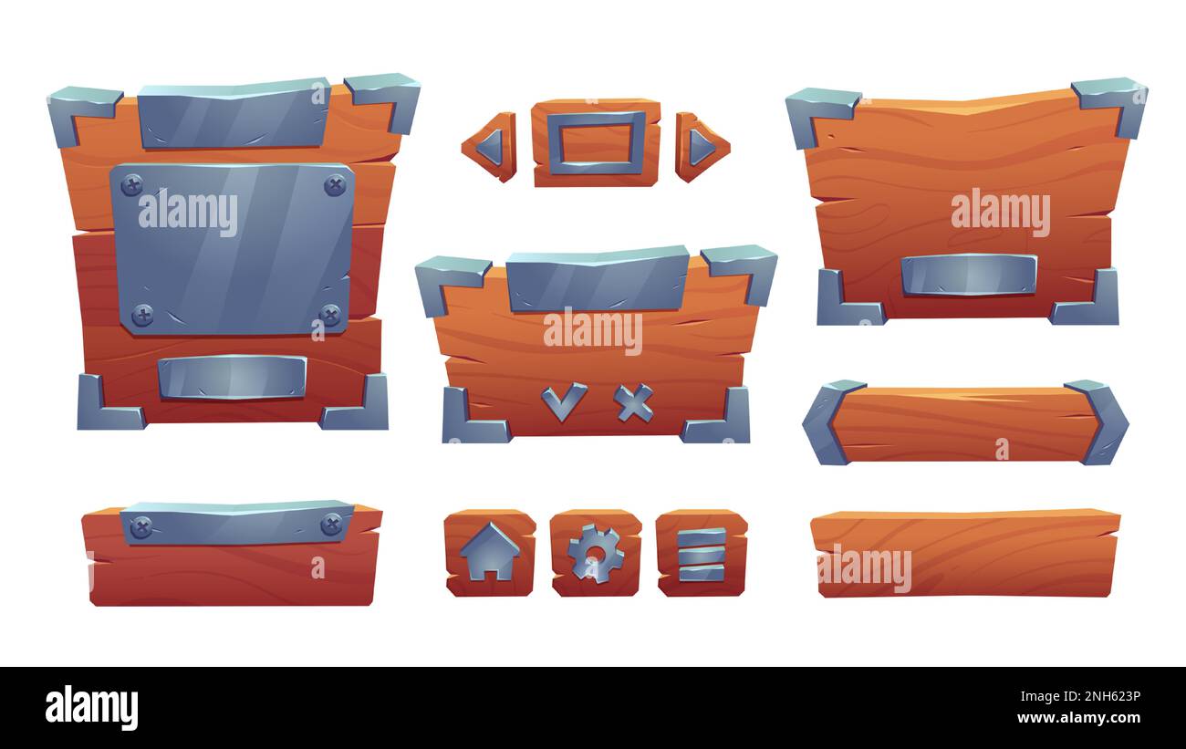 Cartoon set of wood and iron game ui boards. Vector illustration of ...