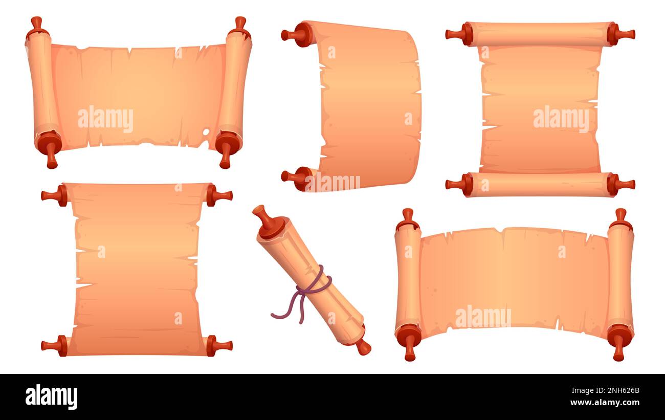 Cartoon set of old parchment scrolls isolated on white background. Vector illustration of ...