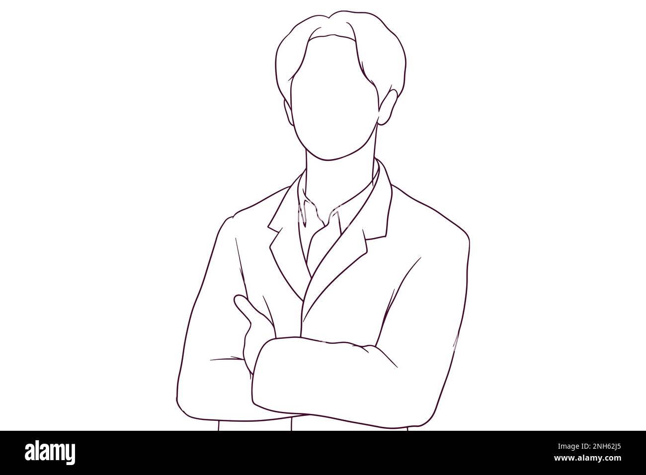 A serious young male doctor standing with crossed arms in a hand drawn ...