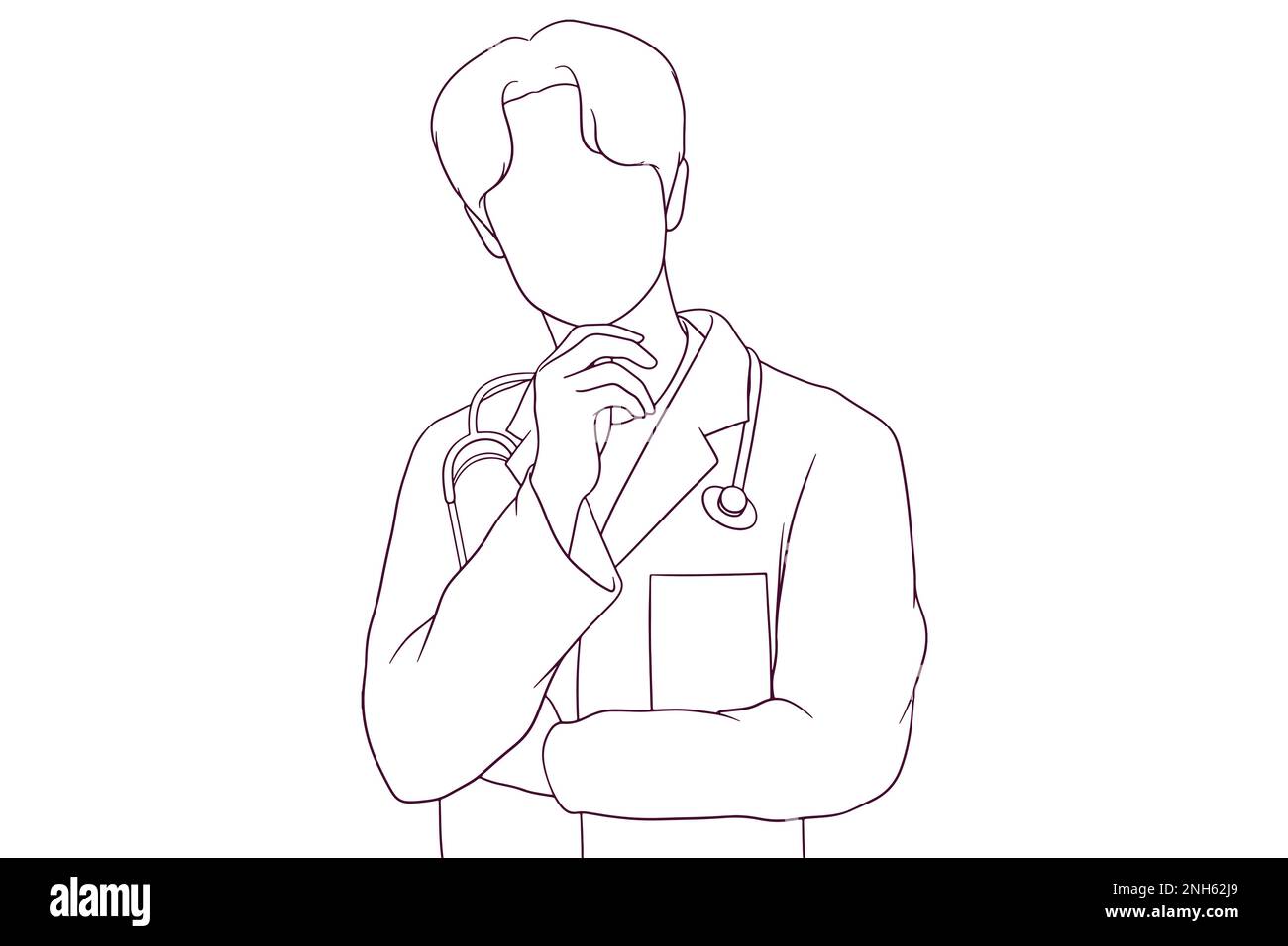 A young male doctor thinking deeply in a hand drawn vector illustration ...