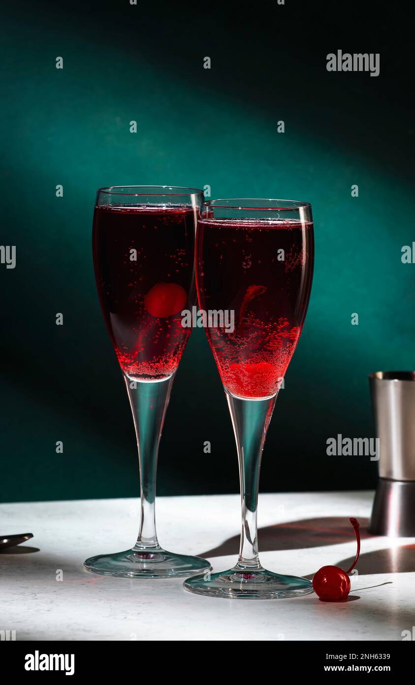 Kir Royale alcoholic cocktail with blackcurrant liqueur, prosecco and ...