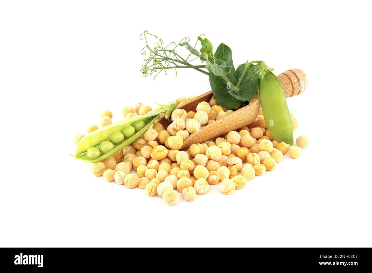 Dry whole yellow peas spilling from a wooden scoop and fresh plant with ...