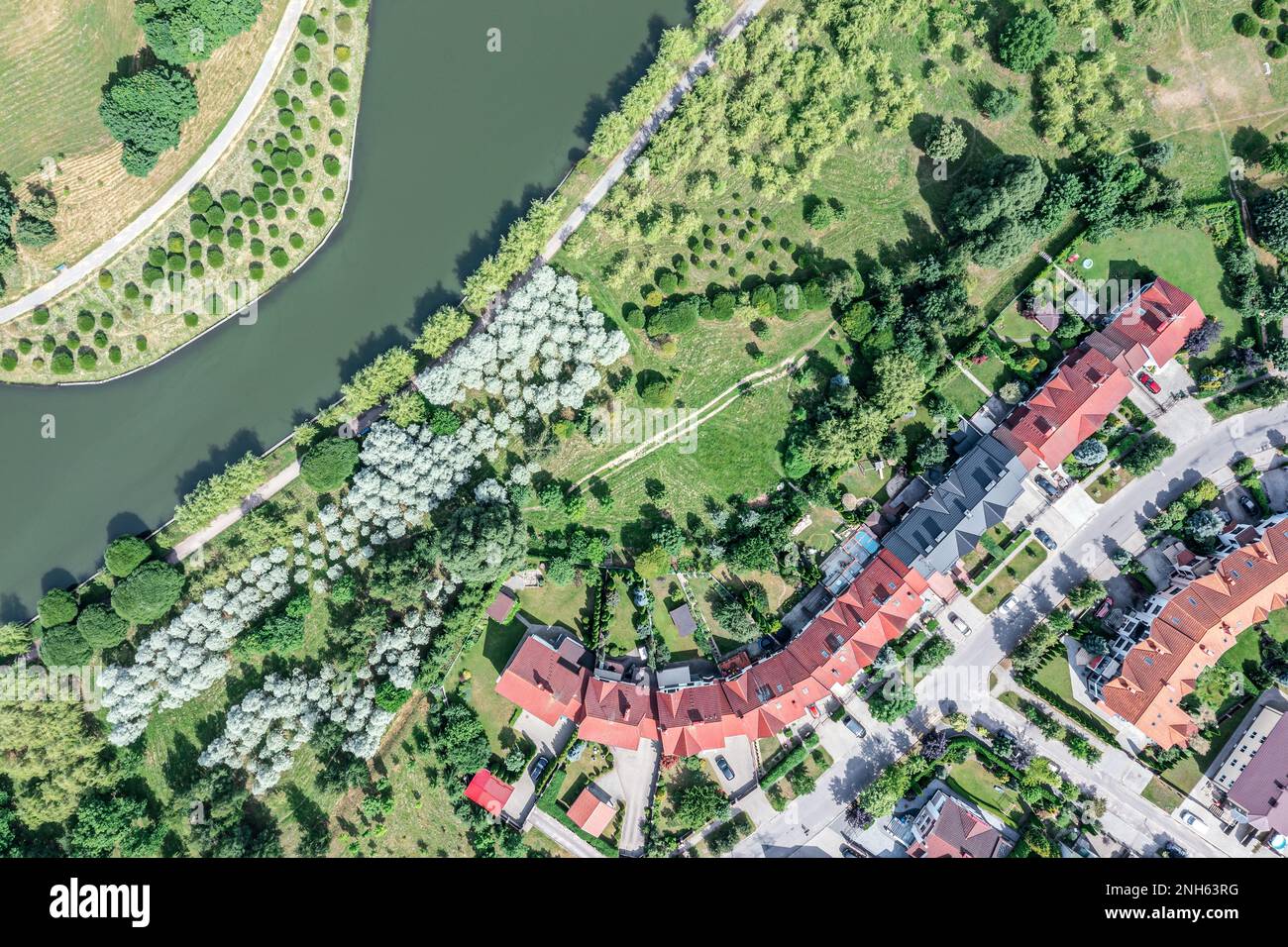 aerial top view of city residential area of private houses along the ...