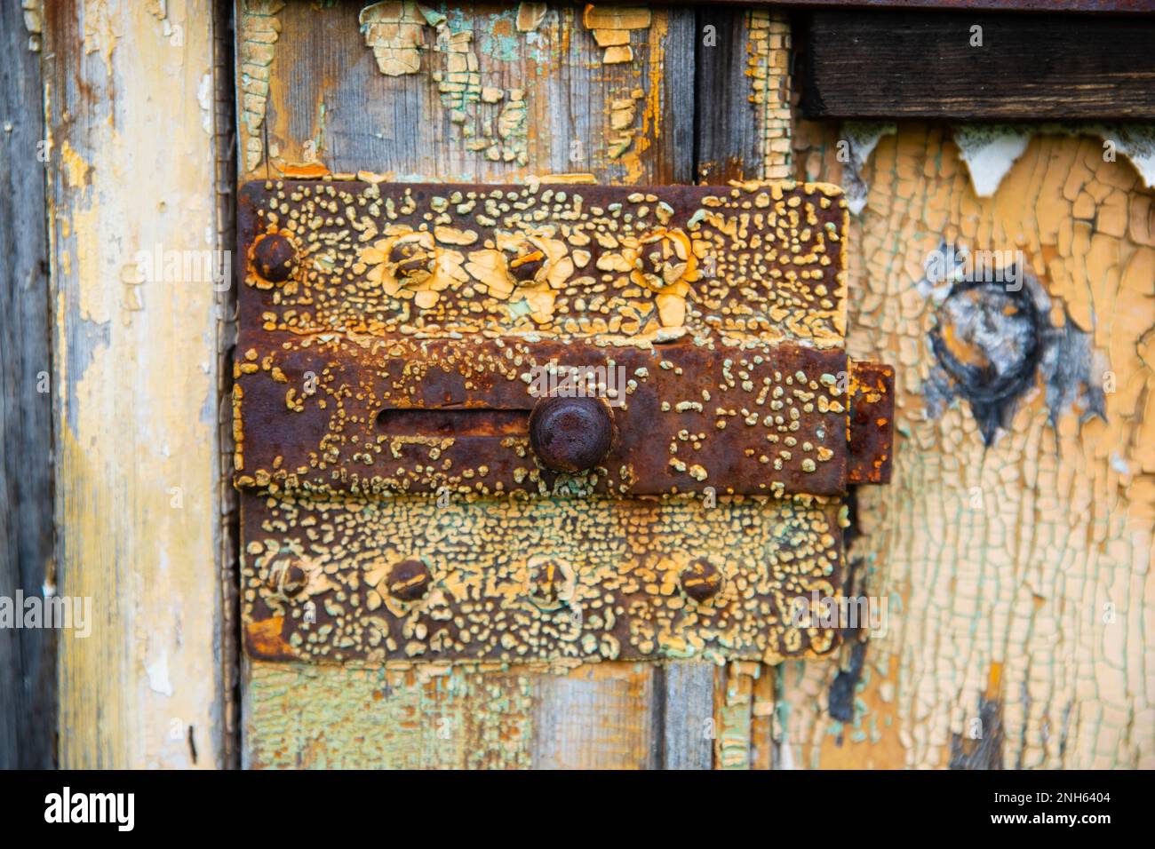Rusty metal bolt and latch close-up on old shabby wooden door. Chunks of paint, peeling paint ...