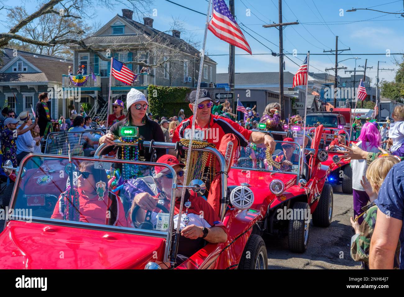 NEW ORLEANS, LA, USA - FEBRUARY 19, 2023: Closeup of dune buggy riders ...