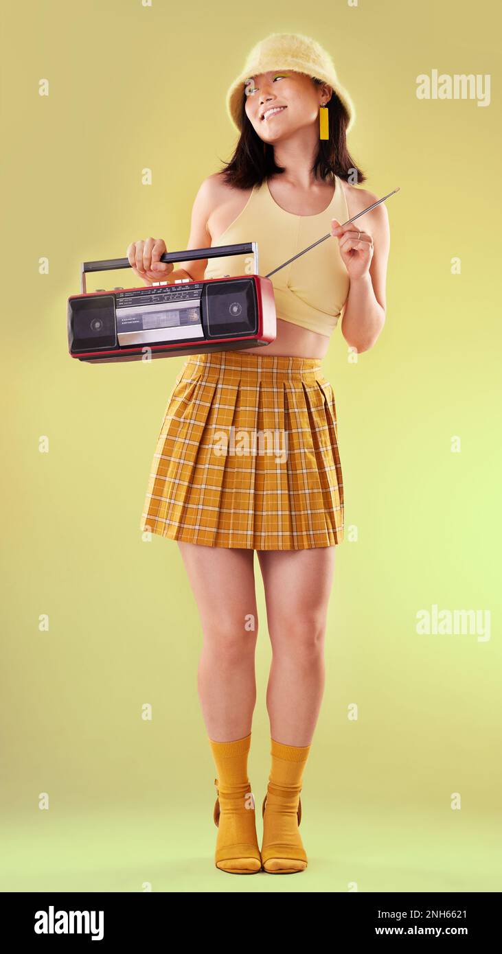 Radio, vintage and Asian woman with stereo, fashion and lady with ...
