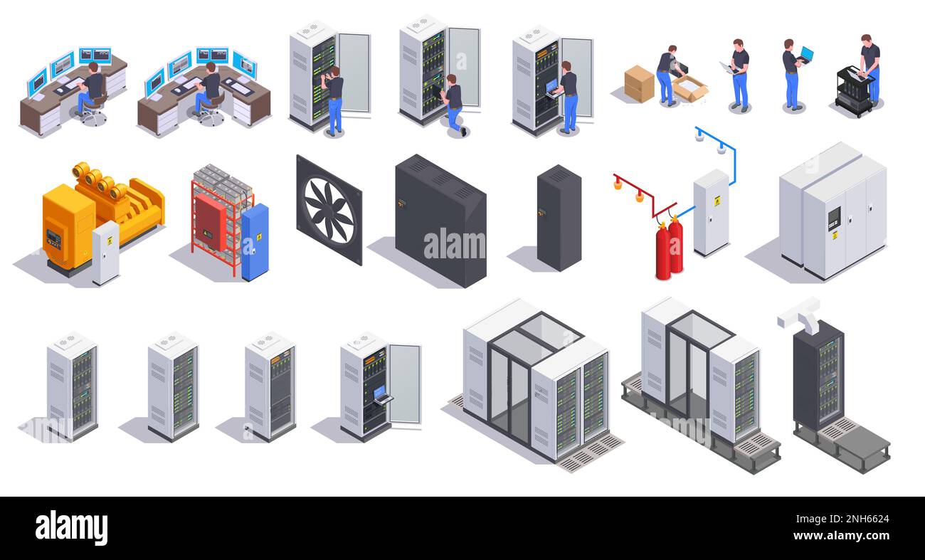 Datacenter communication equipment collection of isolated isometric icons with server racks ...