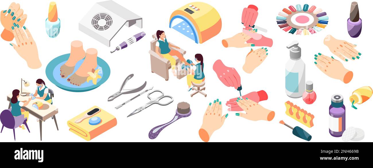 Hands with painted nails manicure kit lamp colorful palette salon ...