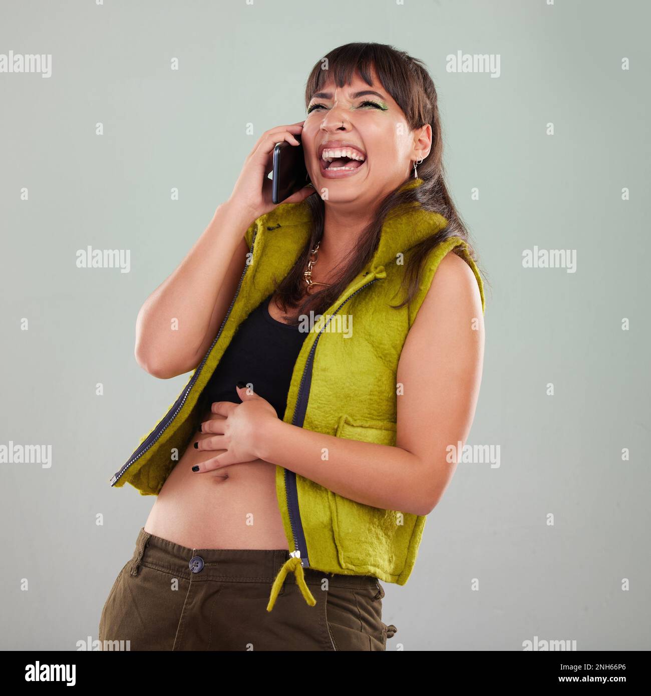 Punk, funny and woman with smile, phone call and connection with grey ...