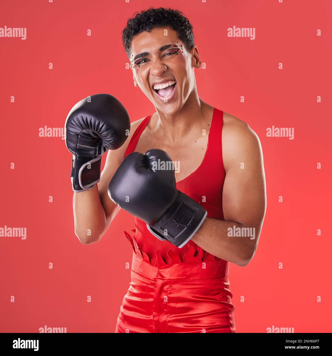 Boxing, gloves and portrait of a gay man excited for a fight isolated ...