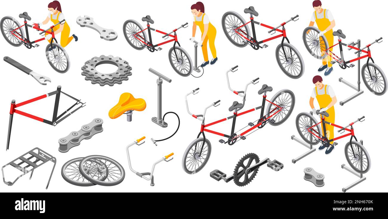 Bicycle repair male female mechanics service isometric set with tandem ...
