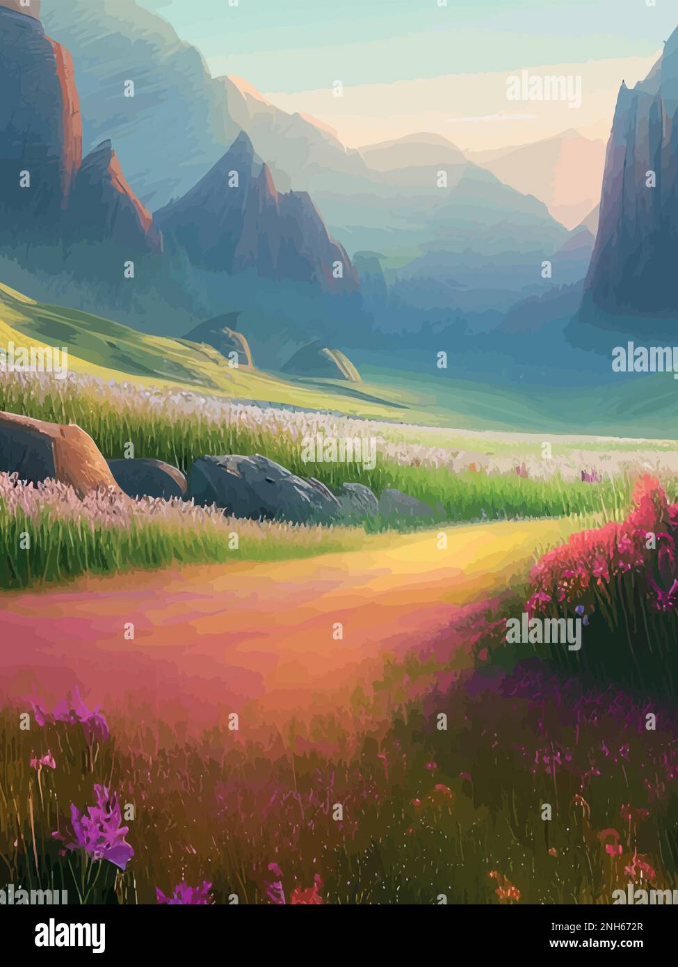 Spring landscape with trees, mountains, fields, leaves. Vector ...