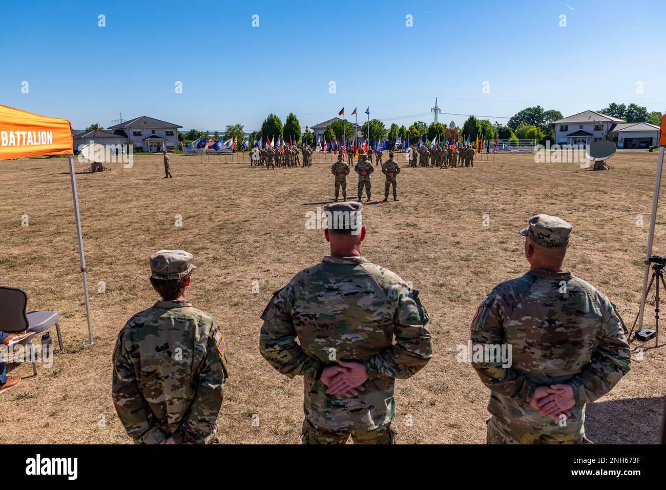 U.S. Soldiers from the 102d Signal Battalion attend a change of command ...