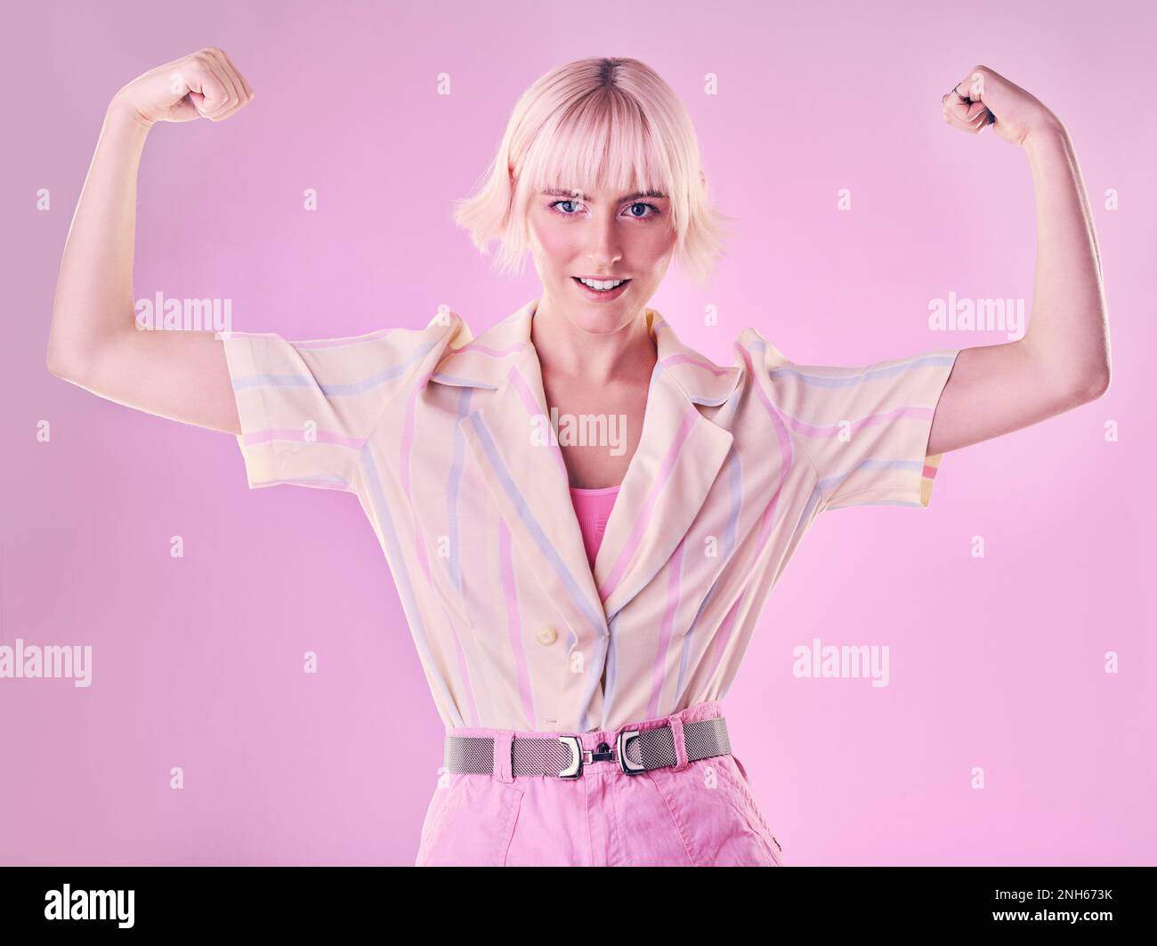 Woman Flexing Arm Muscle In Portrait And Smile Power And Strong