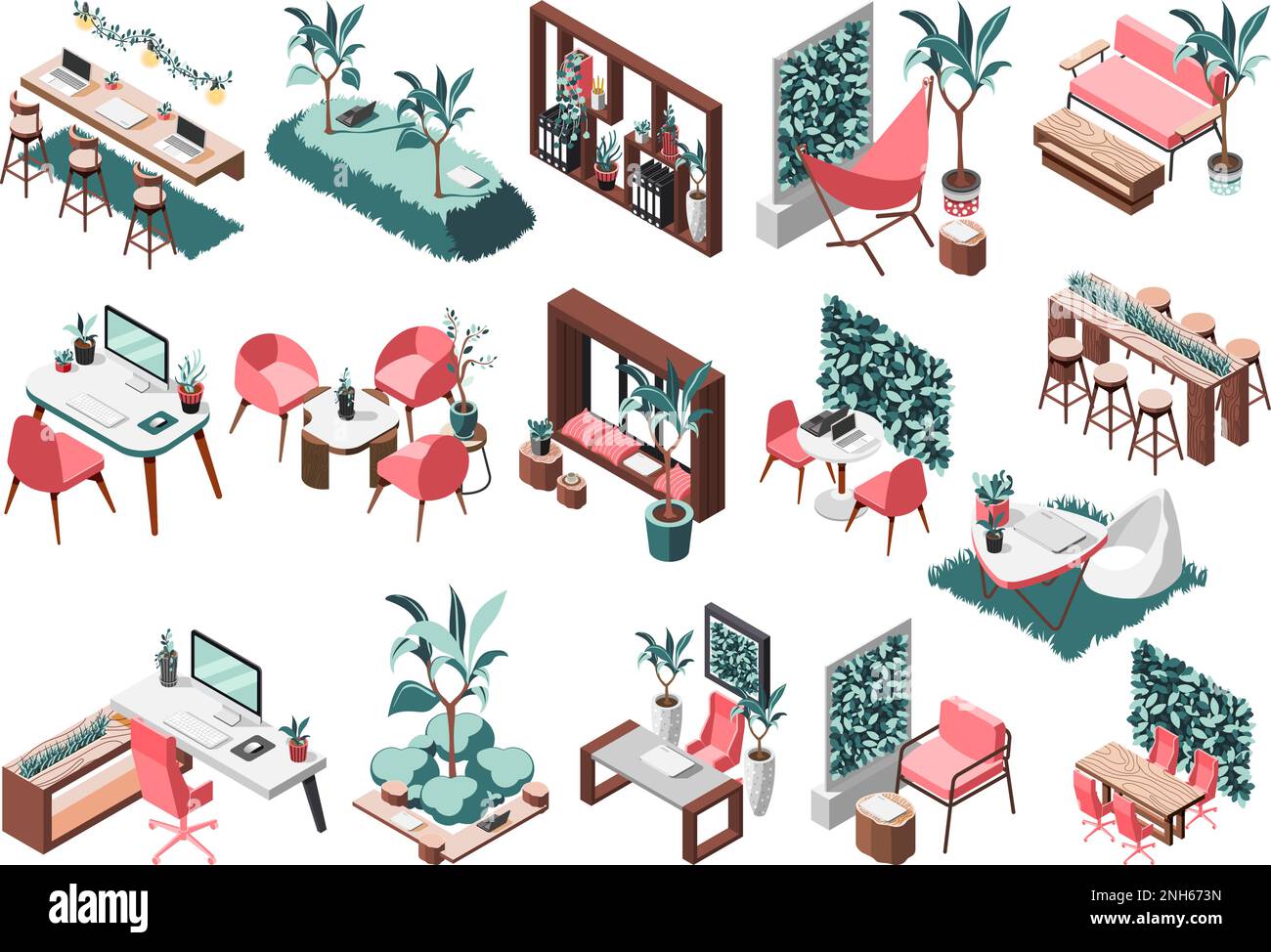 Green office isometric recolor icon set with ecological furnish and ...