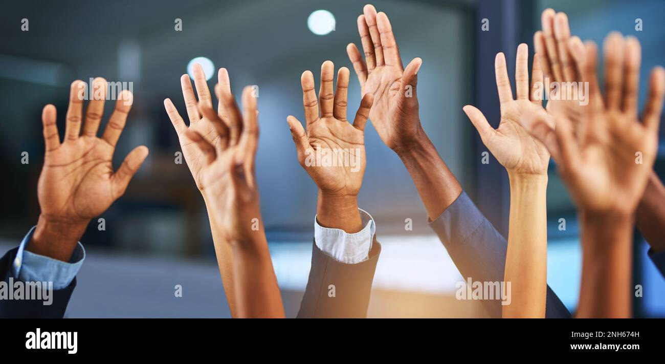 Businesspeople raising up hands hi-res stock photography and images - Alamy